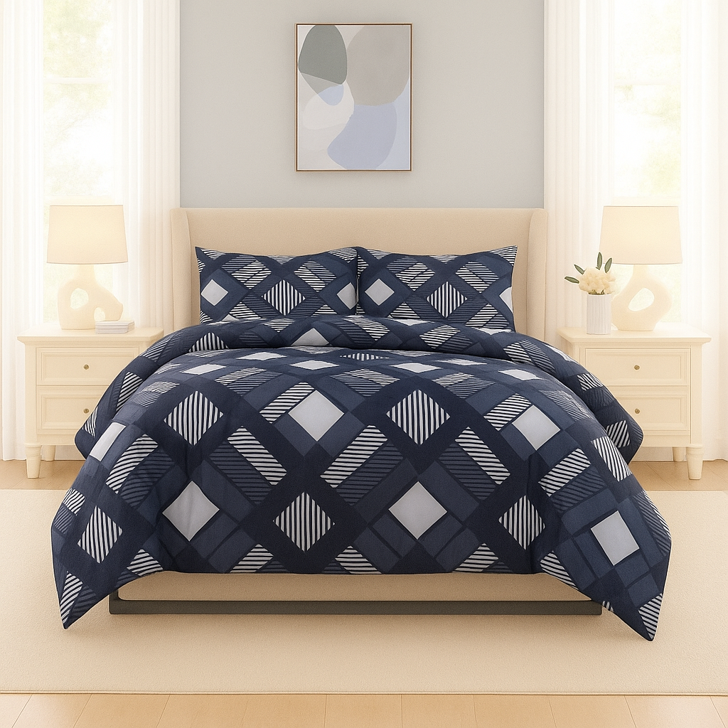 3PC Urban Printed Microfibre 80gsm Comforter - Navy & Pink Diamond ...